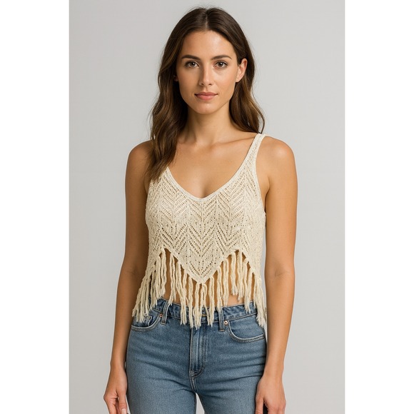 Wrangler | Tops | Wrangler Retro Cream Fringe Knit Crop Top Xl Western ...